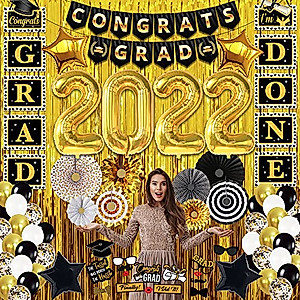 Huge, Graduation Party Decorations 2022 - Pack of 75 | Congrats Grad Banner, Graduation Photo Props | Gold Fringe Graduation Backdrop | Graduation Banner, Black and Gold Graduation Decorations 2022
