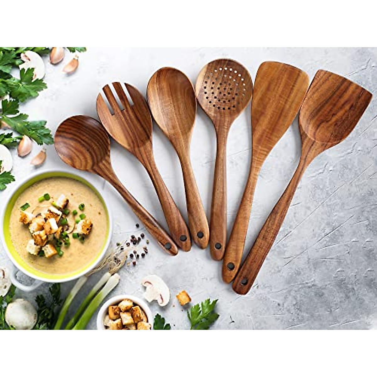 Zulay Kitchen 6 Piece Wooden Spoons for Cooking - Smooth Finish Teak Wooden Utensils for Cooking - Soft Comfortable Grip Wood Spoons for Cooking - Non-Stick Wooden Cooking Utensils - Wooden Spoon Sets