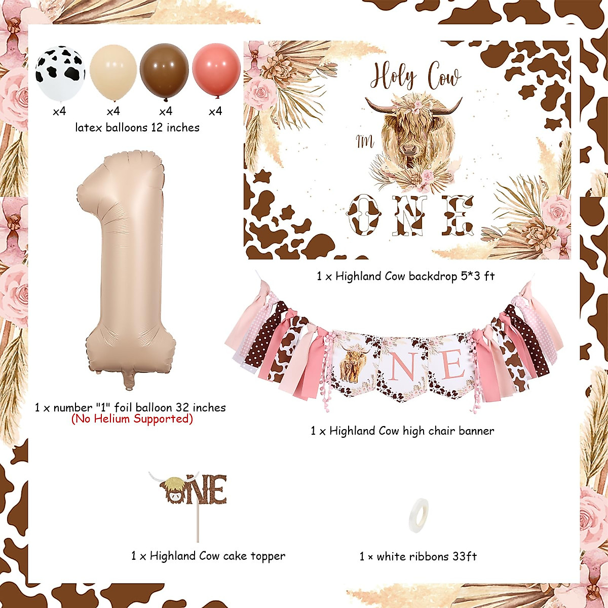 Highland Cow 1st Birthday Decorations Girl - Holy Cow Im One Backdrop, Highland Cattle High Chair Banner, Cake Topper, Foil Balloons for Pink Boho Floral Highland Cow Farm Animal Party Supplies