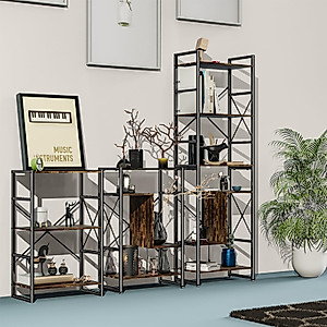 KIDSU Large Bookshelf,Industrial Bookacse with 15 Open Display Shelves,Triple Wide 5 Tier Wood and Metal Bookshelf,Modern Grey Bookshelve for Living Room,Office,Bedroom (Rustic Brown)