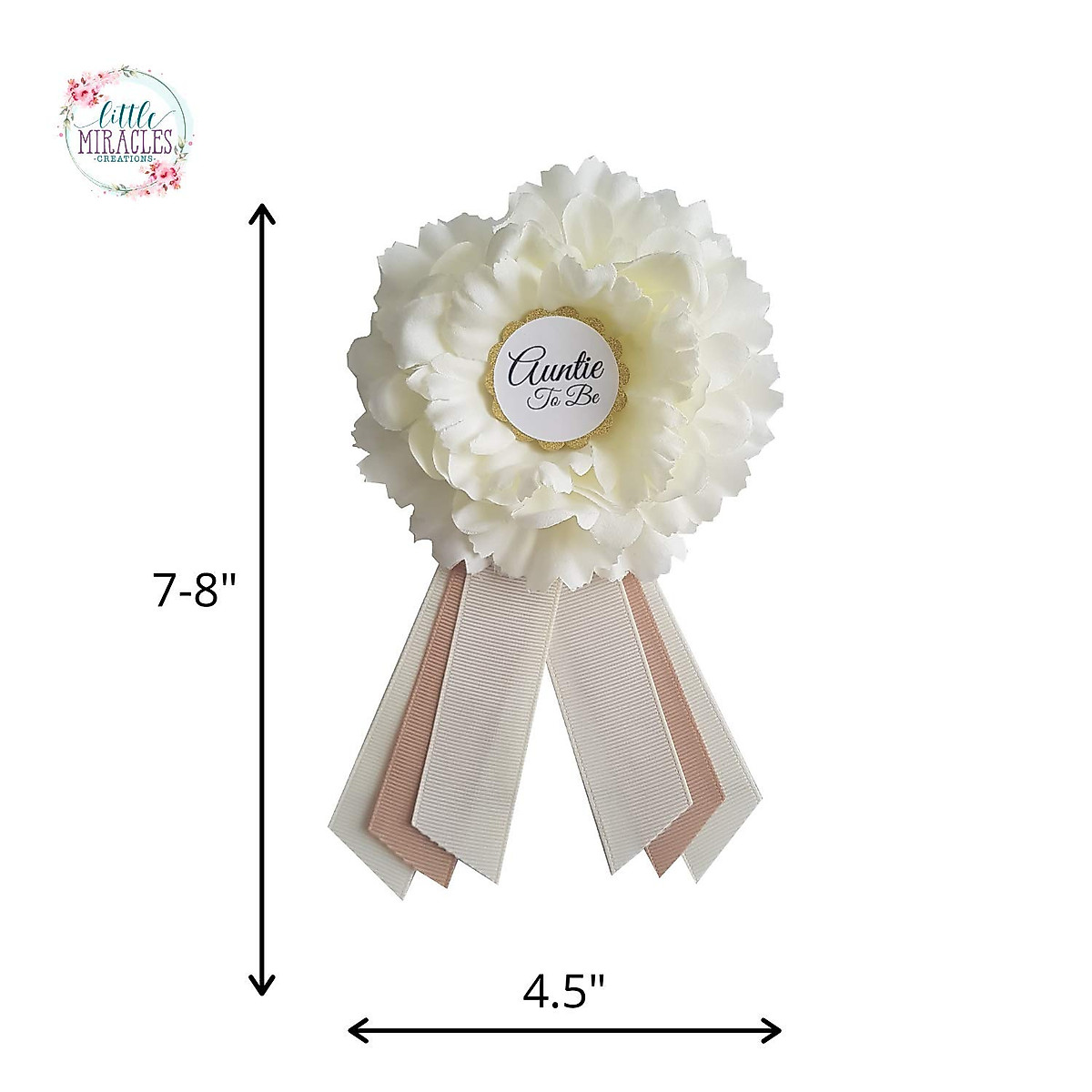 Mom To Be Sash and Dad To Be Pin By LMC | Baby Shower Belly Sash and Corsage | USA Handmade | Heat Sealed Ends | Ivory and Beige (Auntie to be pin)