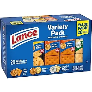 Lance Sandwich Crackers, Variety Pack, 3 Flavors, 20 Individually Wrapped Packs, 6 Sandwiches Each