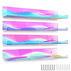 ULENDIS 4 Packs Large Iridescent Clear Acrylic Floating Shelf Wall Mount, 15.7" Wall Ledge Bookshelf with Installation Hardware, Shelf Display Organizer for Bathroom Bedroom Nursery Kitchen