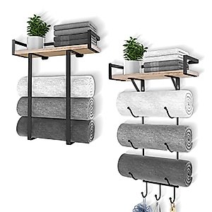 Towel Racks for Bathroom Wall Mounted, Xstydes Metal Towel Holder with Wooden Shelf for Folding Large Towels, Towel Storage for Small Bathroom Organizer Decor or RV Camping, (TR-H+TR-J)
