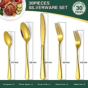 30-Piece Gold Silverware Set, Blingco Gold Flatware Set for 6, Food-Grade Stainless Steel Cutlery Set, Tableware Eating Utensils with Gift Box for Home Restaurant, Mirror Finished, Dishwasher Safe