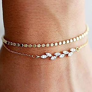 MIDEEO Dainty Crystal Bracelet Set Minimalist Layering CZ Diamond Leave Delicate Dot Gold Wedding