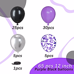 Purple Black Silver Latex Balloons, 65pcs 12 Inches Metallic Silver Purple Confetti Balloons with 1 Ribbon for Halloween, Birthday, Graduation, Anniversary,Wednesday party