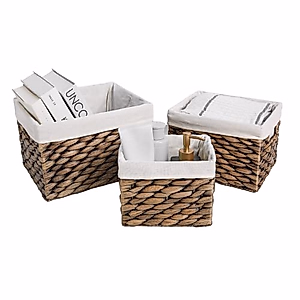 Decocoon Woven Wicker Storage Baskets with Liners Baskets for Organizing Shelf Baskets Woven Decorative Home Storage Bins Decorative Baskets Organizing Baskets Nesting Baskets (Set of 3, Black)