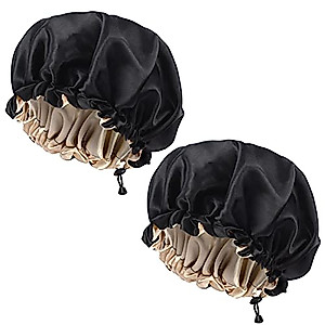 SUNLAND Satin Bonnet Hair Bonnet Silky Sleeping Cap Adjustable Satin Cap for Night Sleeping Hair Wrap Reversible Double Layer Black 2Pack