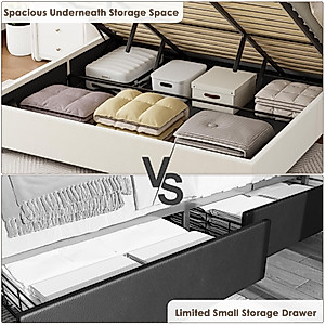 Full Size Bed Frame, Upholstered Lift Up Bed Frame with Button Tufted Headboard, Velvet Platform Bed with Solid Wooden Slats Support, No Box Spring Needed, Beige