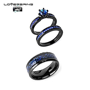 LOVERSRING Couple Ring Bridal Sets His Hers 10k Black Gold Filled Blue Cz Stainless Steel Wedding Ring Band Set