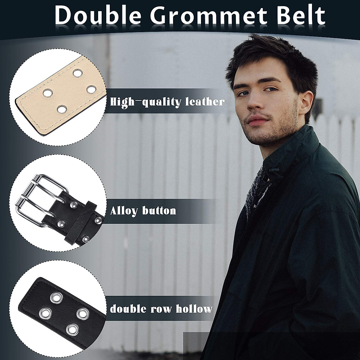 2 Pcs Rivet Studded Punk Belt Double Grommet Belt Gothic Belt for Women Men Gift (Black,No Chain)