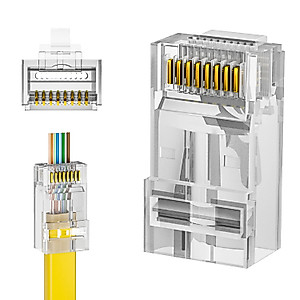 iwillink 100-Pack RJ45 Cat6 Pass-Through Connectors, Gold-Plated Ethernet Crimp Plugs for Solid and Stranded Wire, UTP Network Cable Termination