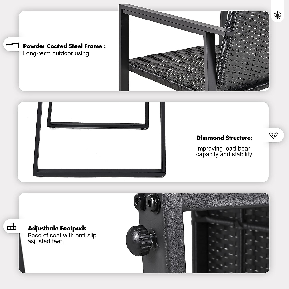 SUNLEI Outdoor 3-Piece Bistro Set Black Wicker Furniture-Two Chairs with Glass Coffee Table(Khaki)