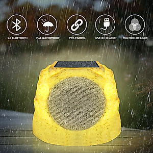 uuffoo Rock Speaker Outdoor Waterproof Solar & USB Charging with RGB Colors Bluetooth 5.0 Solar Bluetooth Speaker Outdoor Rock Speaker for Party Patio Pool Deck Yard Garden and Home (A)