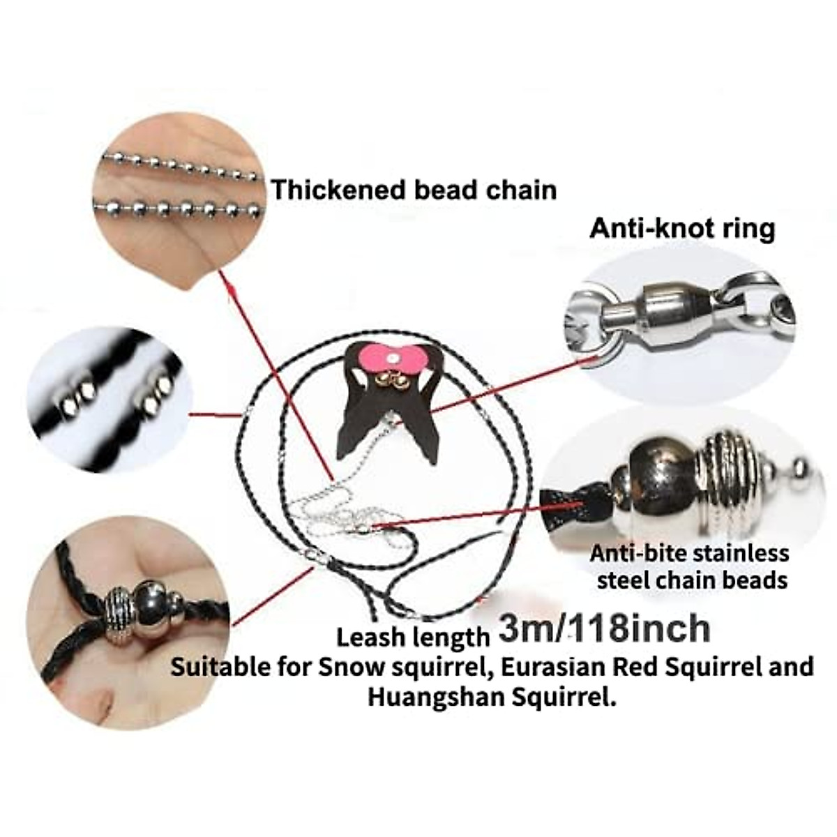 Squirrel Traction Rope Strap Anti-Biting Chain Rope, Adjustable Vest, Small Animal Walking Harness with Lead Leash with Free Collar for Hamster Gerbil Rat Mouse Ferret Chinchilla (Black with Blue)