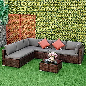 Outsunny 4-Piece Patio Furniture Sets Outdoor Wicker Conversation Set PE Rattan Sectional Sofa Set with Tempered Glass Coffee Table and Cushions for Backyard and Garden, Brown
