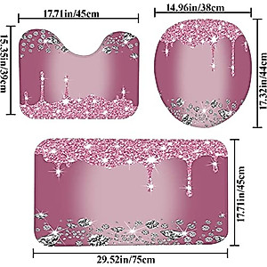 Glitter Diamond Shower Curtain for Bathroom Set Decor with Non-Slip Rugs Bath U-Shaped Mat Toilet Lid Cover Pink Bathroom Curtains Shower Set with 12 Hooks, Glitter Siamond Bathroom Set