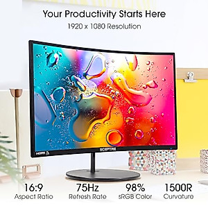 Nowco New_Sceptre_C248W 24'' Curved 75Hz Gaming LED Monitor Full HD 1080P HDMI VGA Speakers, VESA Wall Mount Ready Metal Black, ‎Metal Black