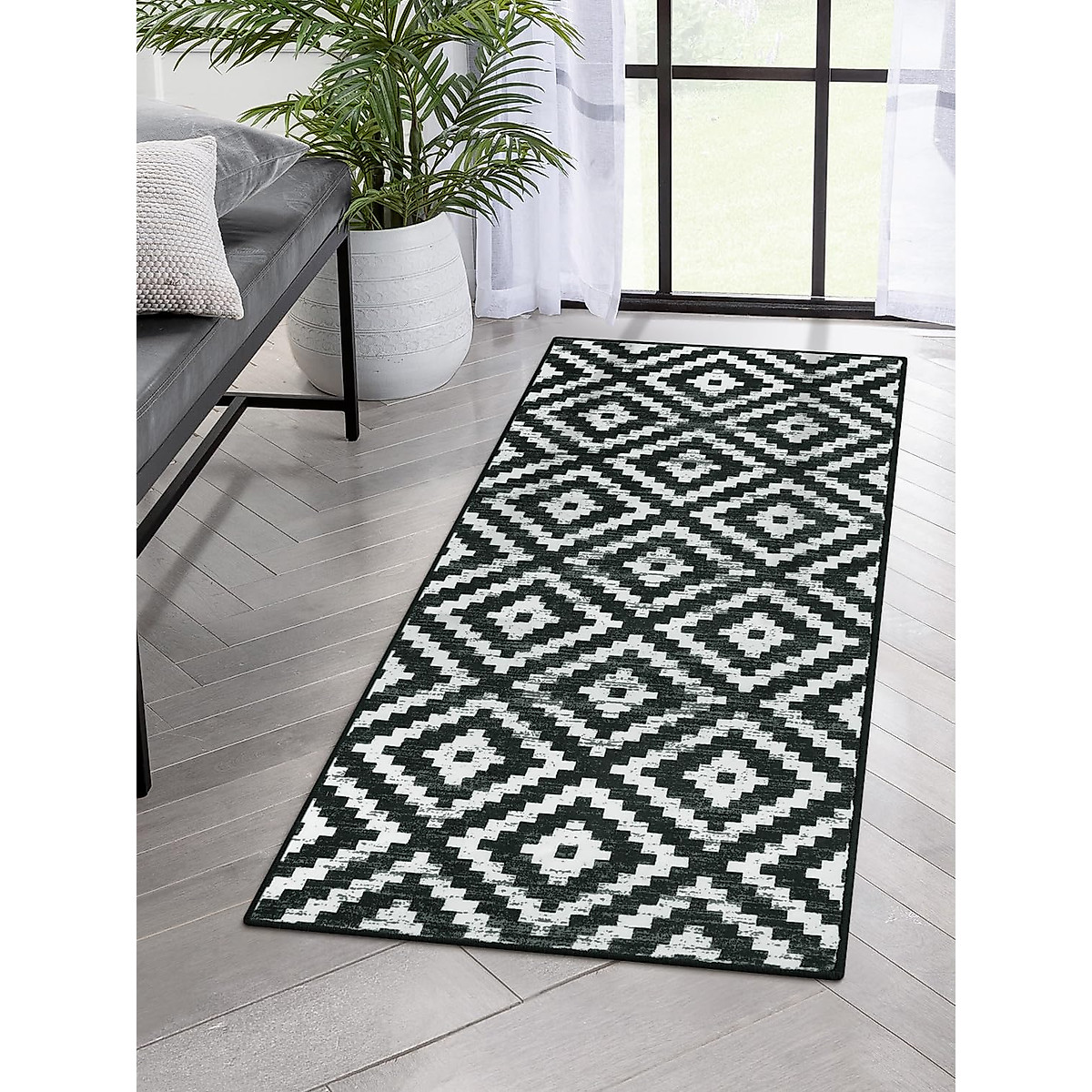 Lahome 2x5 Kitchen Runner Rugs Non Skid Washable, Black and White Hallway Runner Rug Non Slip Laundry Room Runner, Modern Moroccan Trellis Ultra-Thin Carpet Runner for Bedroom Bathroom Entryway