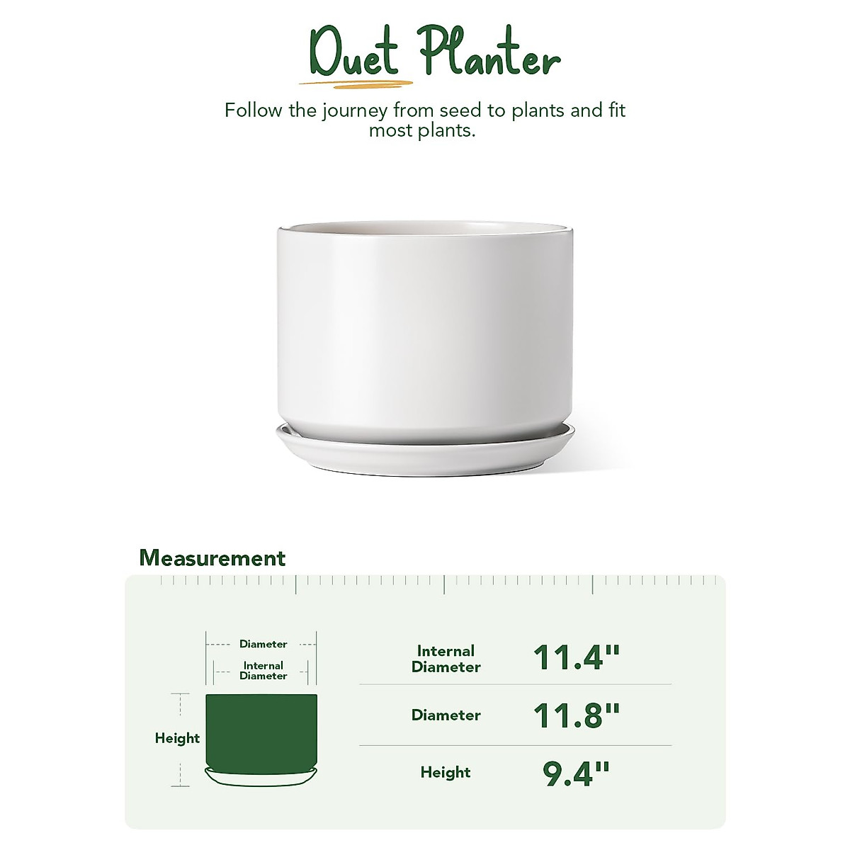 LE TAUCI 12 Inch Pots for Plants, Ceramic Pots for Indoor Plants, Plant Pots for Home & Office, Modern Flower Pots Fit Mid Century Plant Stand, Planters with Drainage Holes and Saucers, White