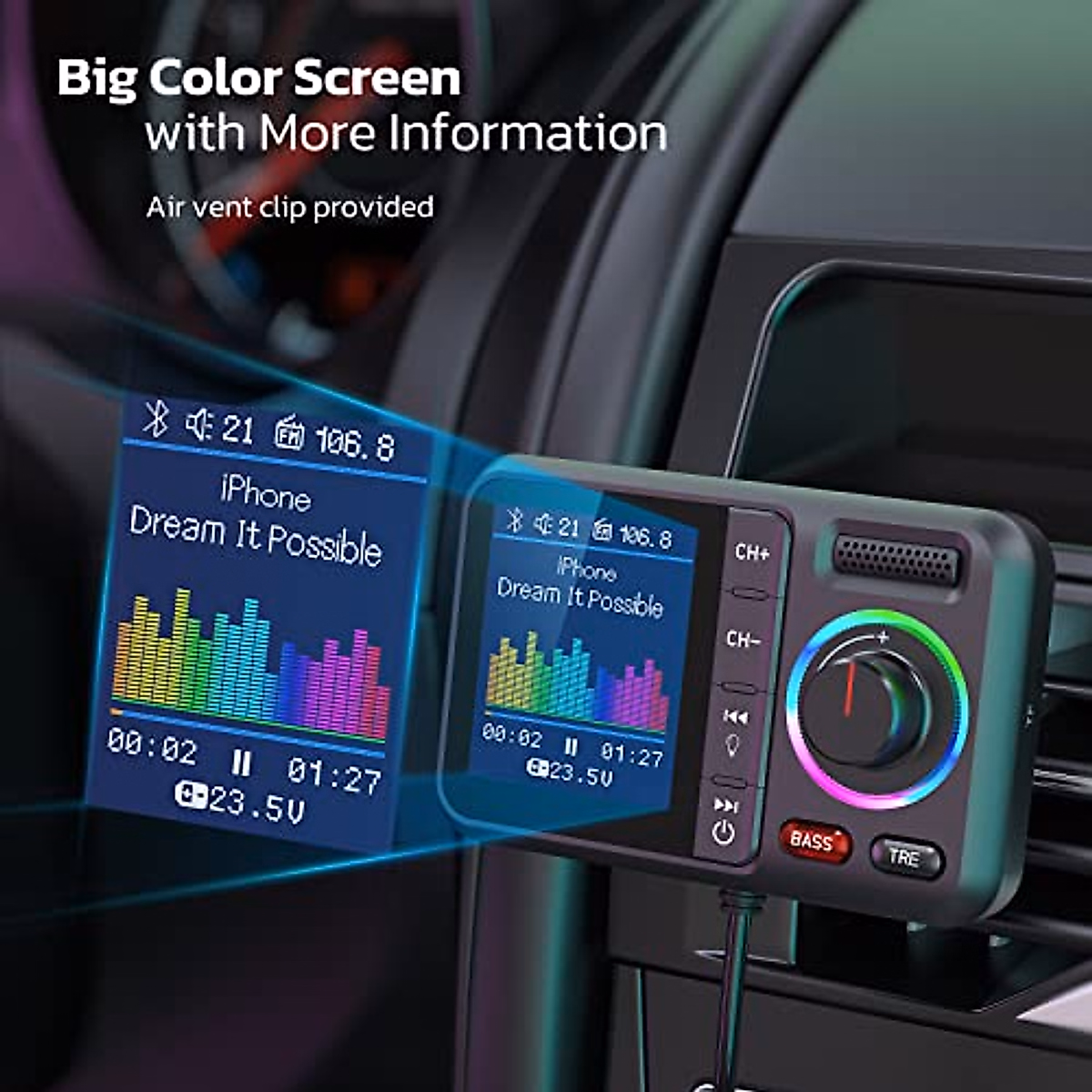 Nulaxy Bluetooth FM Transmitter for Car, Wireless Car Bluetooth Adapter V5.0 with Big Color Screen, Support Hands-Free Call, Siri&Google, MP3 Music Player BASS&TRE Booster, TF Card/AUX-KM28