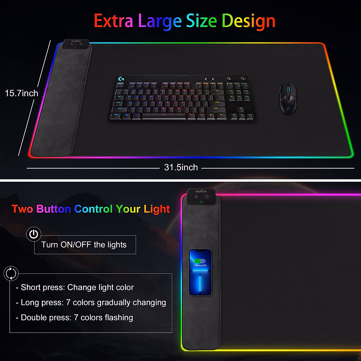 Wireless Charging RGB Gaming Mouse Pad, 31.5"x15.7" Large Desk Mat, Desk Pad with Wireless Charger, Non-Slip Rubber Base, Waterproof, Computer Keyboard Mat for Gamer, Office, Home, Black