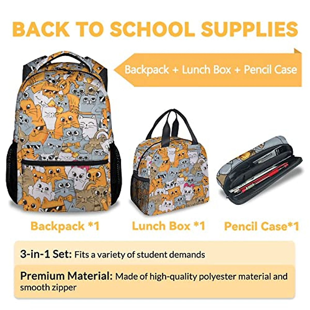 XaocNyx Cat Backpack with Lunch Box and Pencil Case Set, 3 in 1 Matching Girls Boys Colorful Backpacks Combo, Cute Bookbag and Pencil Case Bundle