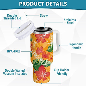 ALAZA Tropical Floral Yellow 40 oz Tumbler Water Bottle with Straw Lid and Handle,Reusable Insulated Stainless Steel Cup for Women Men Travel Car Cup Holder