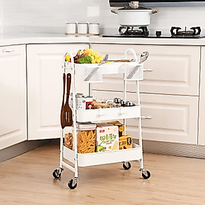 KINGRACK 3-Tier Rolling Cart, Metal Rolling Storage Cart with Handle and Lockable Wheels, 2 Hanging Baskets & 4 Hooks, Utility Cart for Kitchen, Bathroom, Office, White
