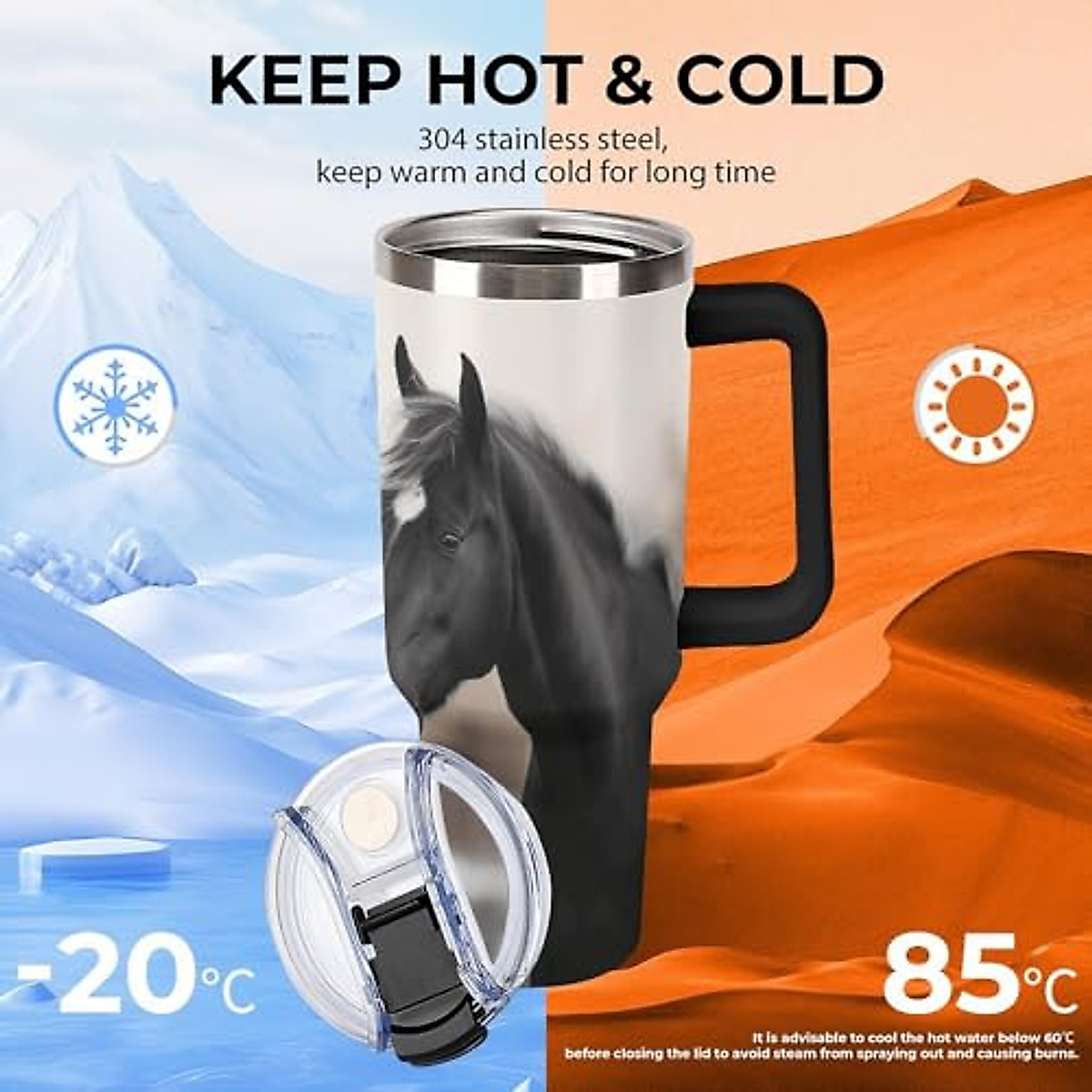 STVNKML 40 Oz Tumbler with Handle Black And White Horses Stainless Steel Coffee Mug Reusable Travel Mug Leak-proof Insulated Car Cup Large Capacity Tumbler for Travel, Outdoor, Home Use (Black)