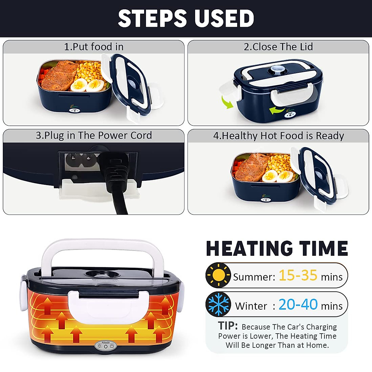 Yoorbee Electric Lunch Box Food Heater, 60W Heated Lunch Boxes for Adults,Durable 3-In-1 Portable Food Warmer for Car& Home/Office,Leak-proof,with Fork&Spoon,Carry Bag