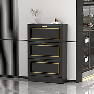 AGOTENI Shoe Cabinet, Tipping Bucket Shoes Cabinets, Shoes Cabinet with 3 Flip Drawers, Narrow Shoe Rack Cabinet for Entryway, Modern Shoes Organizer Cabinet (31.5”W x 9.5”D x 47.2”H)