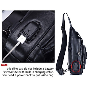 BULLCAPTAIN Genuine Leather Mens Sling Bag Multipurpose Travel Crossbody Chest Bag Daypacks with USB Charging Port (Black)