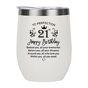 21st Birthday Gifts for Her, Happy 21st Birthday Decorations for Her, Funny 21 Year Old Birthday Gift Ideas for Her, Friends, Sister, Daughter, Girlfriend - 12oz Stainless Steel Insulated Wine Tumbler