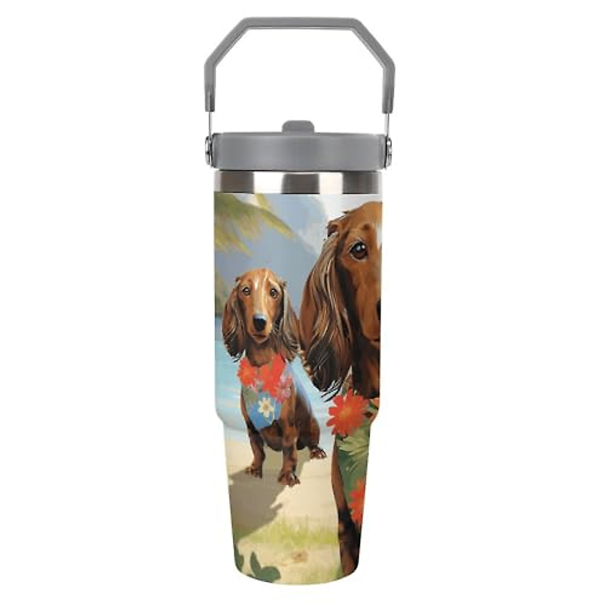30oz Stainless Steel Insulated Tumbler with Flip Lid & Straw, Leakproof Travel Mug for Car, Dachshund Tropical Painting Art Double Wall Vacuum Thermal Coffee Cup with Handle, Spill-Proof Design for Ho