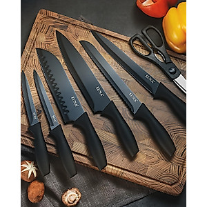 EUNA Kitchen Knife Set, 19 PCS Black Knife Set with Acrylic Block and Sharpener, German High-Carbon Stainless Steel Knife Sets with 6 Serrated Steak Knives, Bread Knife, Chef Knife, Dishwasher Safe
