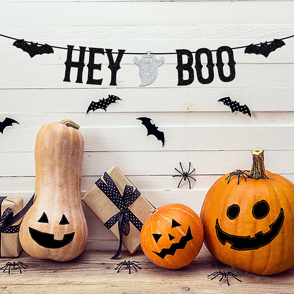 Black Glitter Hey&Boo Banner - Halloween Party Bunting Garlands - Haunted House Decorating, Indoor Outdoor Decorations