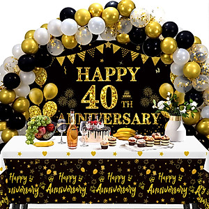 DARUNAXY 40th Wedding Anniversary Decorations, Large Happy 40th Anniversary Banner 70 x 43inch, 60PCS Black Gold Confetti Balloons, 2PCS Tablecloths for Cheer to 40 Year Party Supplies for Men Women