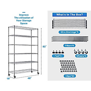 6-Tier Metal Wire Shelving Unit w/Wheels Height Adjustable Storage Rack NSF Certified Storage Shelves 2150/500 Lbs Capacity Standing Utility Shelf for Laundry Kitchen Pantry Garage Organization
