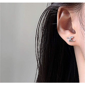 Small Dragon Earrings Stud for Women Girls Sterling Silver Hypoallergenic Cubic Zirconia Tiny Dinosaur Brontosaurus Animal Cartilage Tragus Post Polished Fashion Cute Jewelry Birthday Gifts (Silver)