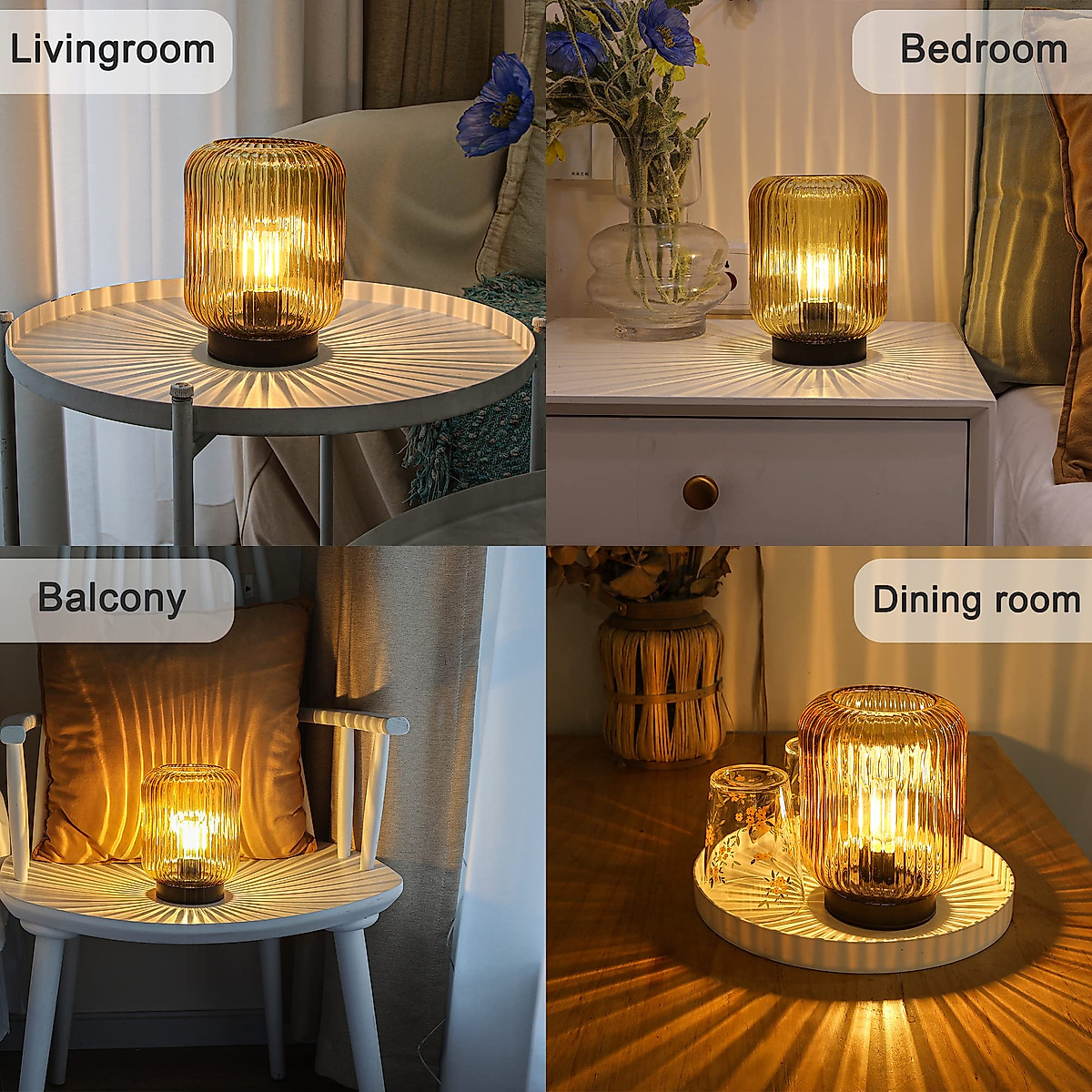 LUSHARBOR Battery Operated Lamp, Cordless Table Lamps for Home Decor, Battery Powered Nightlight with LED Bulb, Decorative Glass Beside Lamp for Bedroom Living Room-Gold