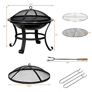 DORTALA 22” Steel Fire Pit, Wood Burning Fire Pit w/Round Mesh Spark Screen Cover, Poker and 2 Grate, Steel Fire Pit Bowl w/Grilling Grate Handle Bonfire Patio Backyard Black