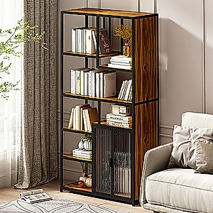 Industrial Bookshelf 69 Inch Tall Etagere Bookcase, Display Shelf with Open Storage Shelves and Right Side Cabinet, Modern Bookcases with Metal Frame for Home Office Living Room and Bedroom, Right