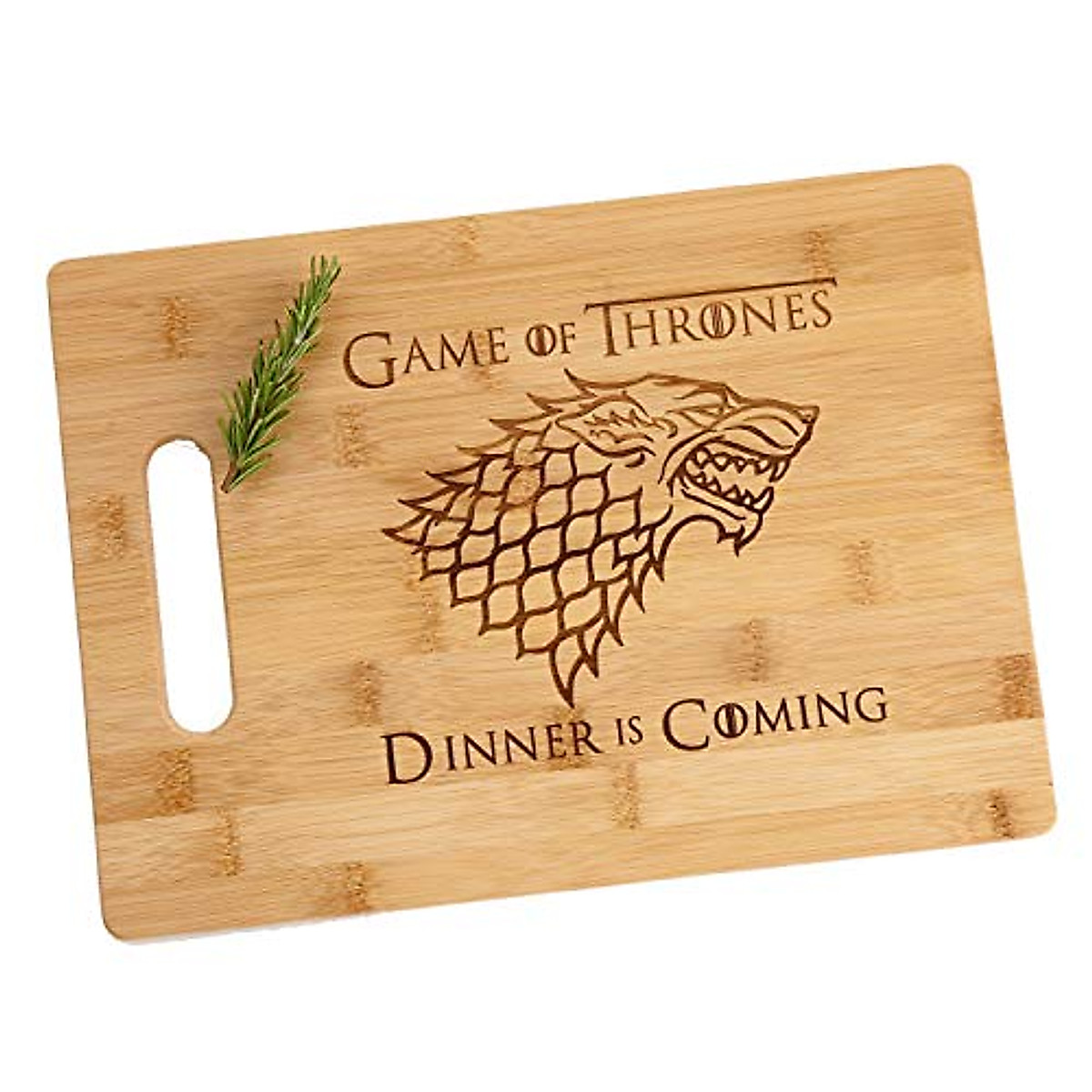 Game of Thrones Dinner is Coming Laser Engraved Bamboo Wood Cutting Board with Handle 9.5 x 13" Funny Gift House Stark