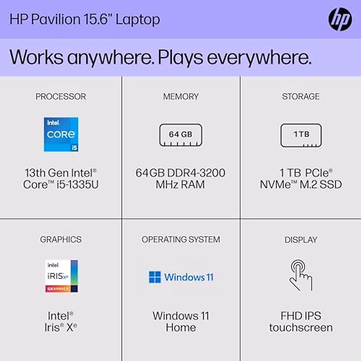 HP 2023 Newest Pavilion Laptop, 15.6" FHD IPS Touchscreen, 13th Gen Intel Core i5-1335U (10 core), 64GB RAM, 1TB SSD, Intel Iris Xe Graphic, Backlit Keyboard, WiFi6, HD Webcam, HDMI, Windows 11 Home
