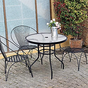 Tangkula 32" Outdoor Patio Table Round Steel Frame Tempered Glass Top Commercial Party Event Furniture Conversation Coffee Table for Backyard Lawn Balcony Pool with Umbrella Hole