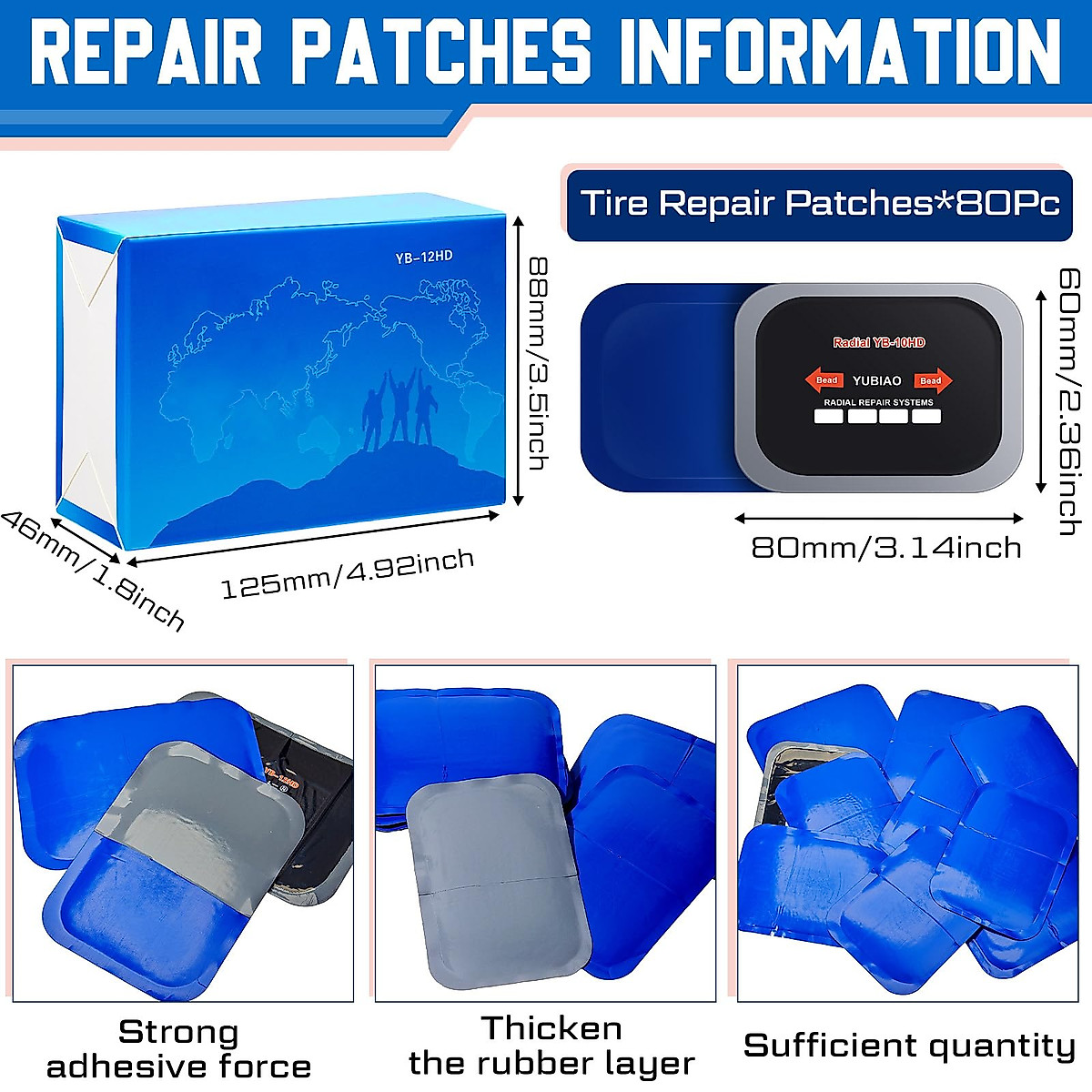 Tallew 60 Pcs Tire Patch 2.56 x 3.15 Inches Rubber Patches Radial Repair Patch Tube and Tire Plug Kit Emergency Repair Tool for Puncture Car Truck Bus Tractor Vehicle