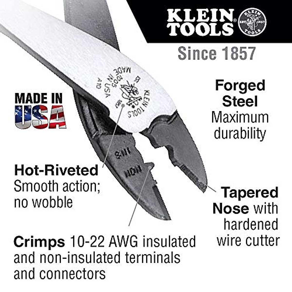 Klein Tools J1005 Crimping and Cutting Tool, Tapered Nose for 10 to 22 AWG Solderless Terminals and Connectors