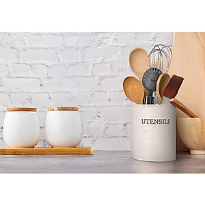 KooK Large Utensil Crock for Kitchen Counter, Ceramic Utensil Holder, Heavy & Stable Caddy, Farmhouse Decor, Matte Speckled Stoneware, Cream, 6 inch, Dishwasher Safe